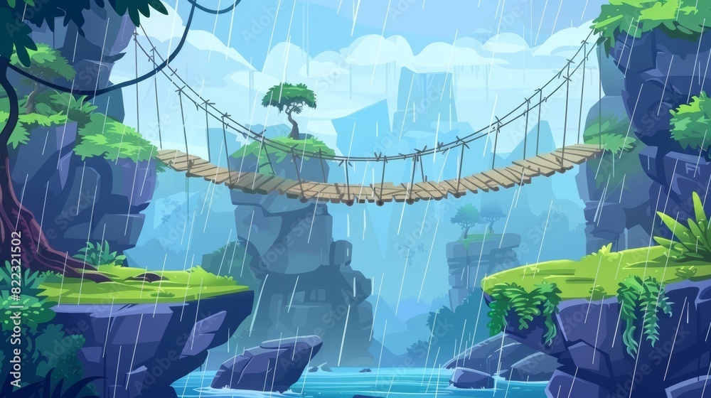 In rainy weather, a suspension bridge crosses over a precipice in ...