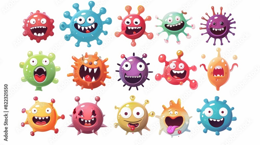 Smiling pathogen microbes, monsters with big eyes, colorful cells with ...