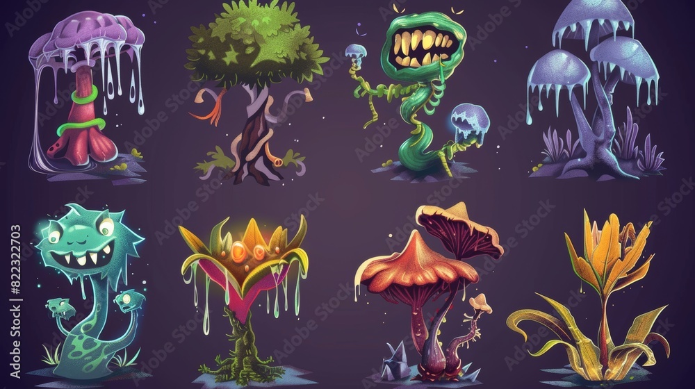Creepy fantasy plants, trees with dripping slime, mushrooms, a flower ...