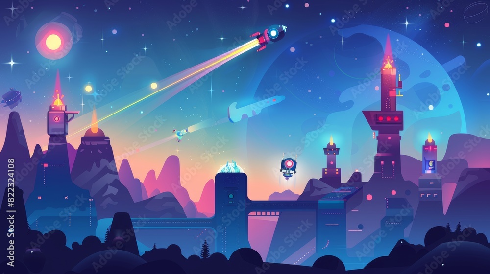 Space game, mobile arcade with astronaut jump on platforms, bonus and asset items on alien ...