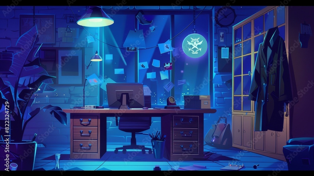Cartoon modern illustration of a detective office at night. Computer on ...