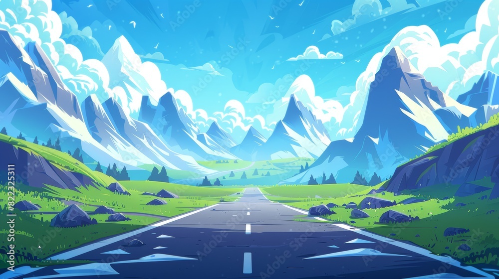 Cartoon landscape with road and mountains. Blue sky and green grass on ...