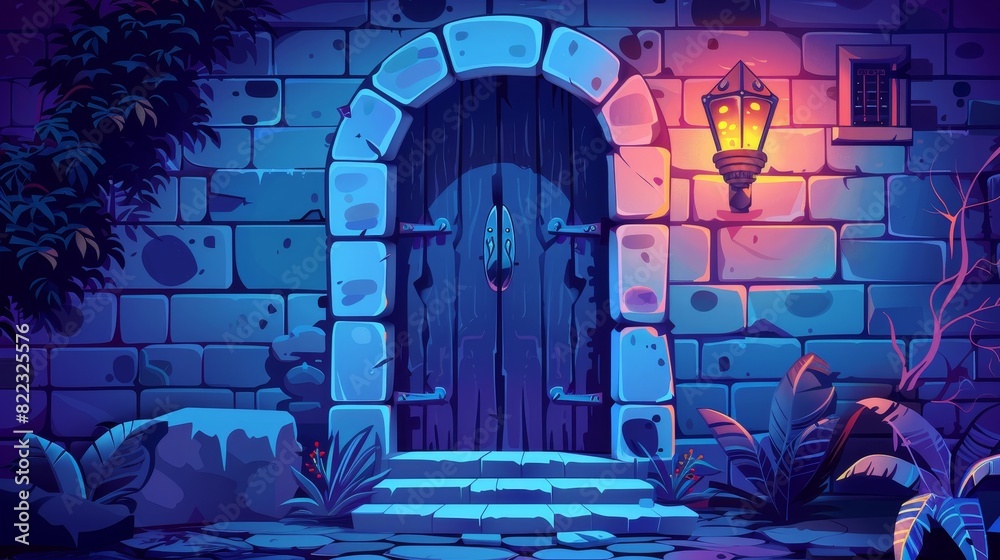 A cartoon background of a castle's dungeon bricks, a scene of an inner ...