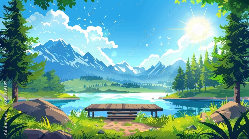 Cartoon background with trees and mountains with a lake. Summer valley ...