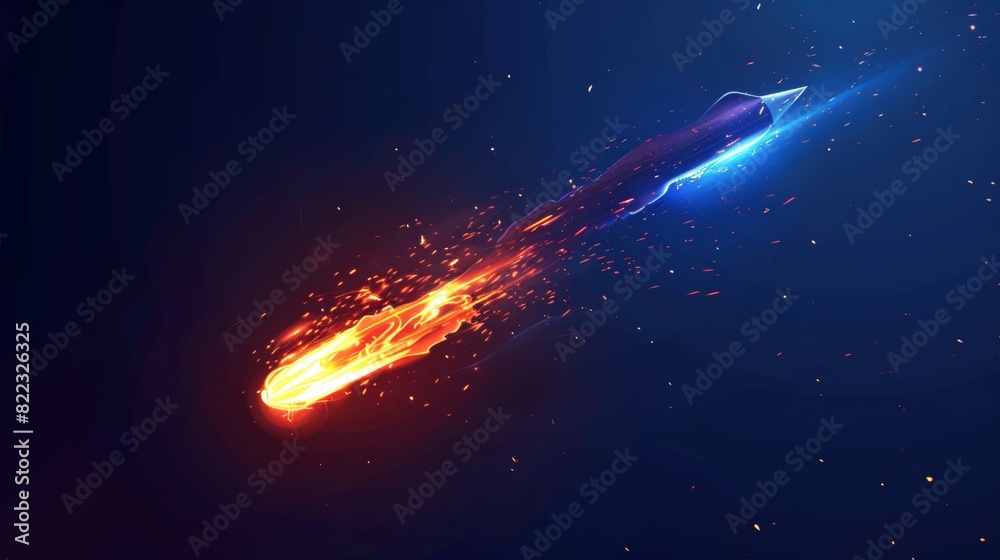 An abstract neon magic missile falling from the sky with a blue burst ...