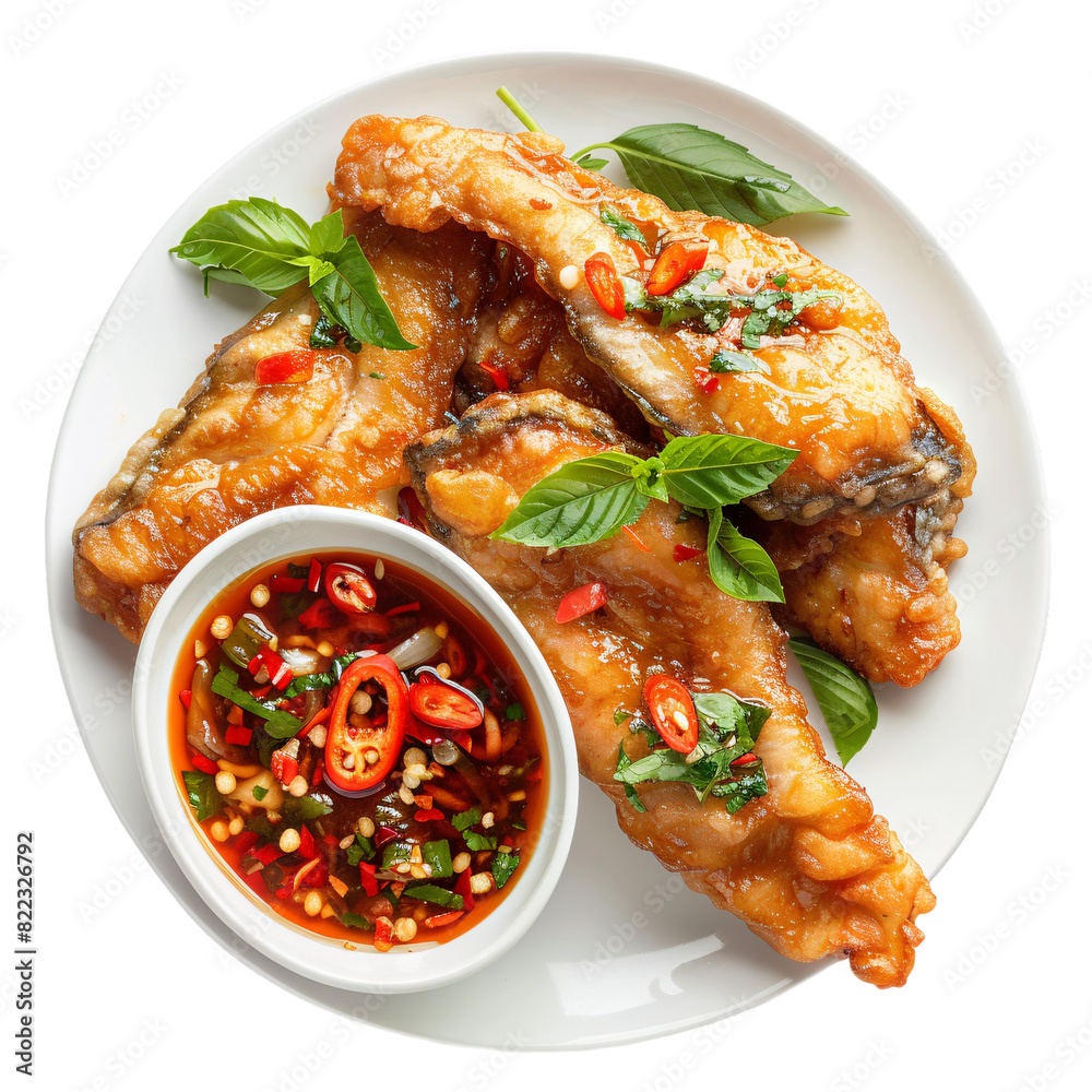 Pla Rad Prik fried fish with chili sauce, transparent background ...