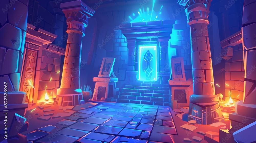 Cartoon modern illustration of ancient archeology pharaoh pyramid room ...