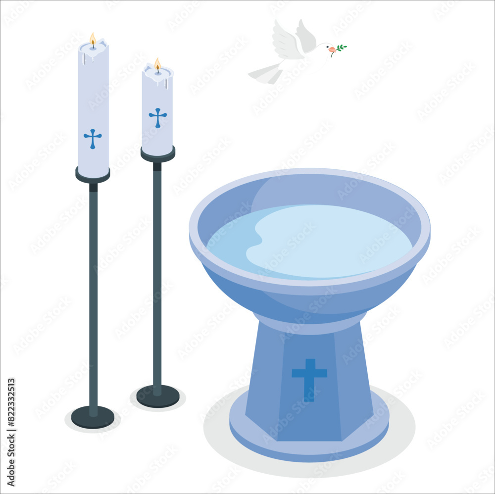 Baptism. baptismal font, dove- Holy Spirit symbol, candle and floral ...
