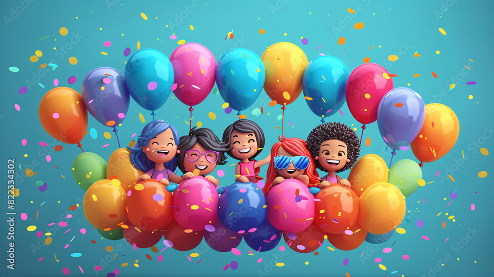 cartoon style illustration of parade float with diverse characters ...