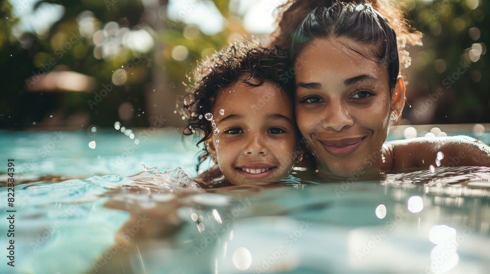 Happy mixed race mother and daughter swimming & splashing water in ...