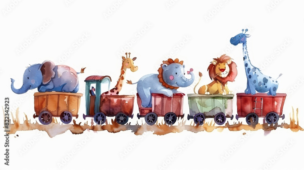 Train cartoons with elephants, rhinoceros, giraffes, hippopotamuses and ...