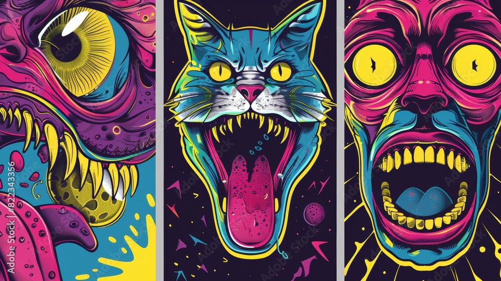 A psychedelic rave trip party banner template with a martian head, a ...