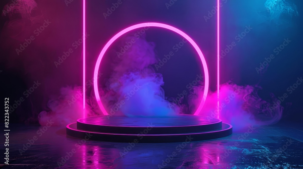dark stage with neon lights and floating smoke empty scene for product ...