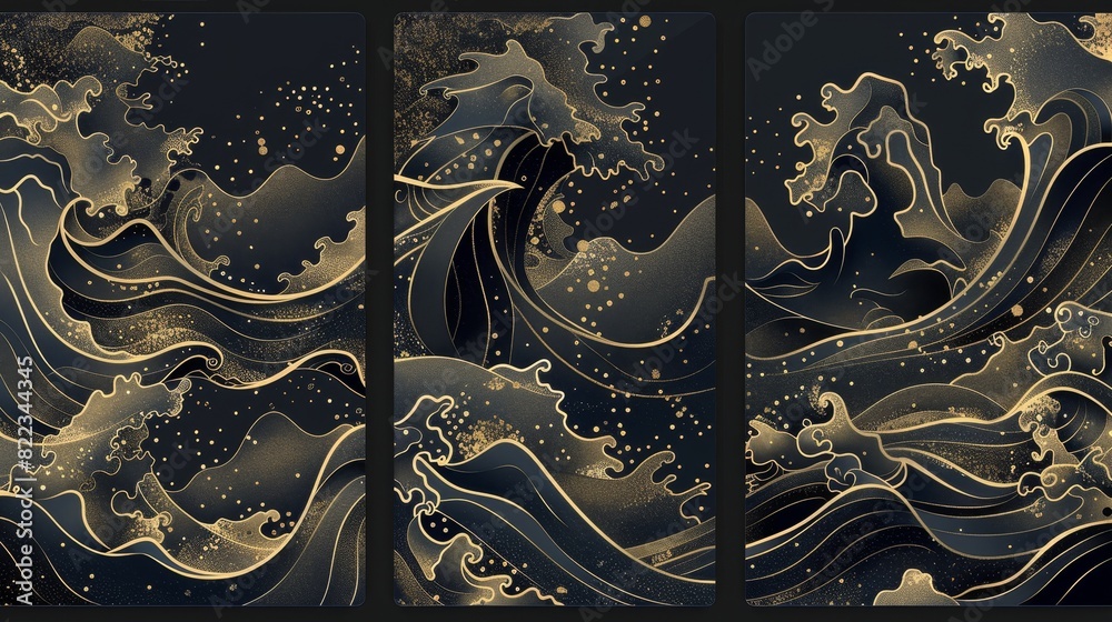 Wave patterns in Japanese style, sea, organic line textures, line ...