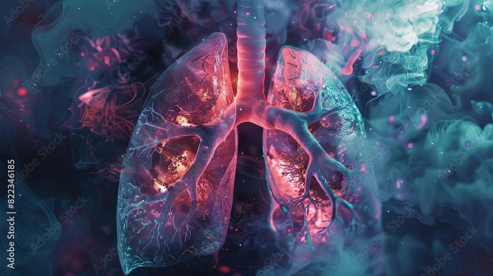 diseased lungs affected by smoking showing damage and poor air quality ...