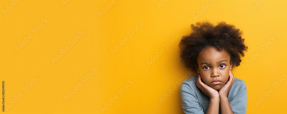 Yellow background sad black American African child Portrait of young ...