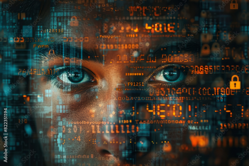 Collage depicting a face with layers of cybersecurity symbols, such as ...