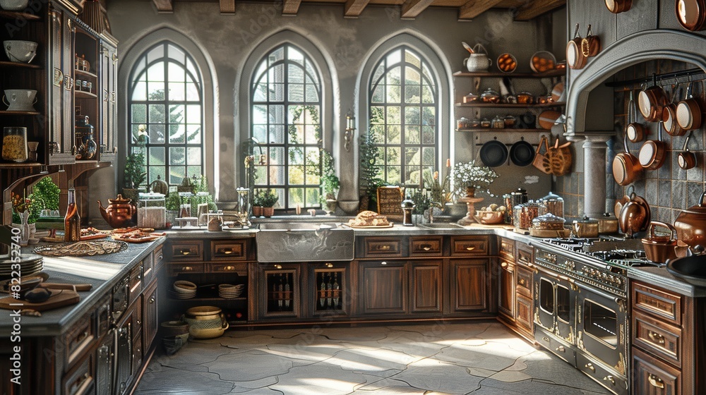 A bakery kitchen with pies, cakes and ice cream, a mansions kitchen ...