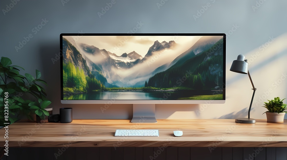 An ultra-wide monitor displaying a beautiful desktop wallpaper ...
