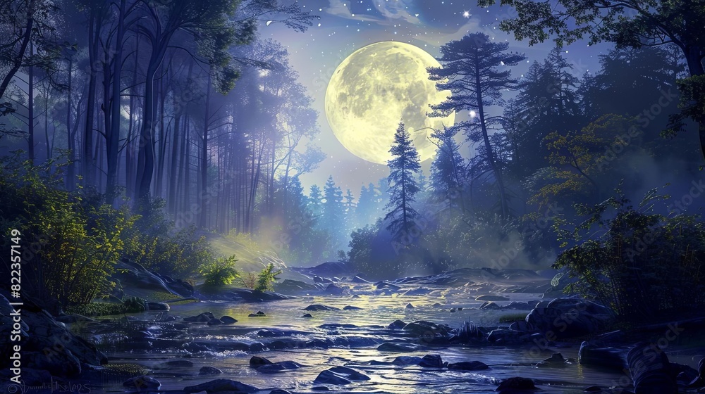 enchanted moonlit river fantasy forest landscape illuminated by full ...