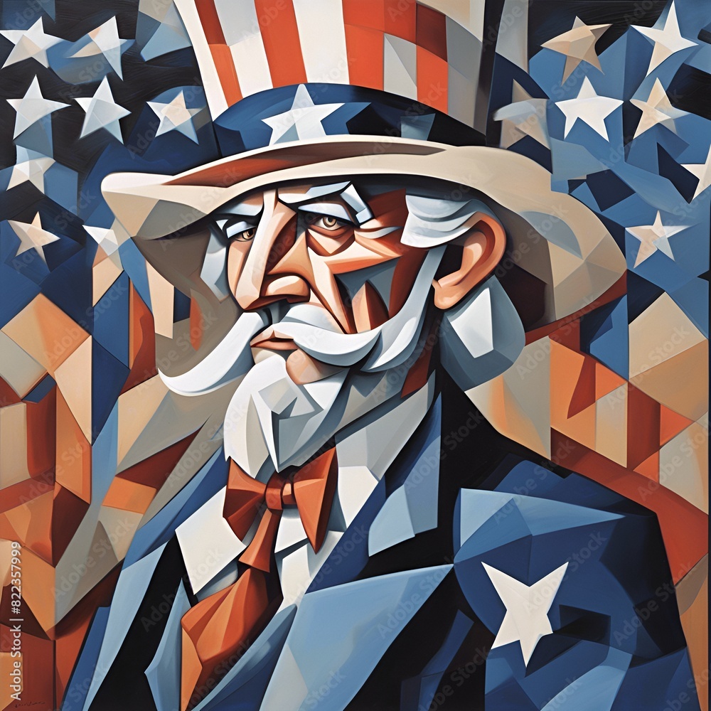 An abstract portrait of Uncle Sam, with geometric shapes and bold ...