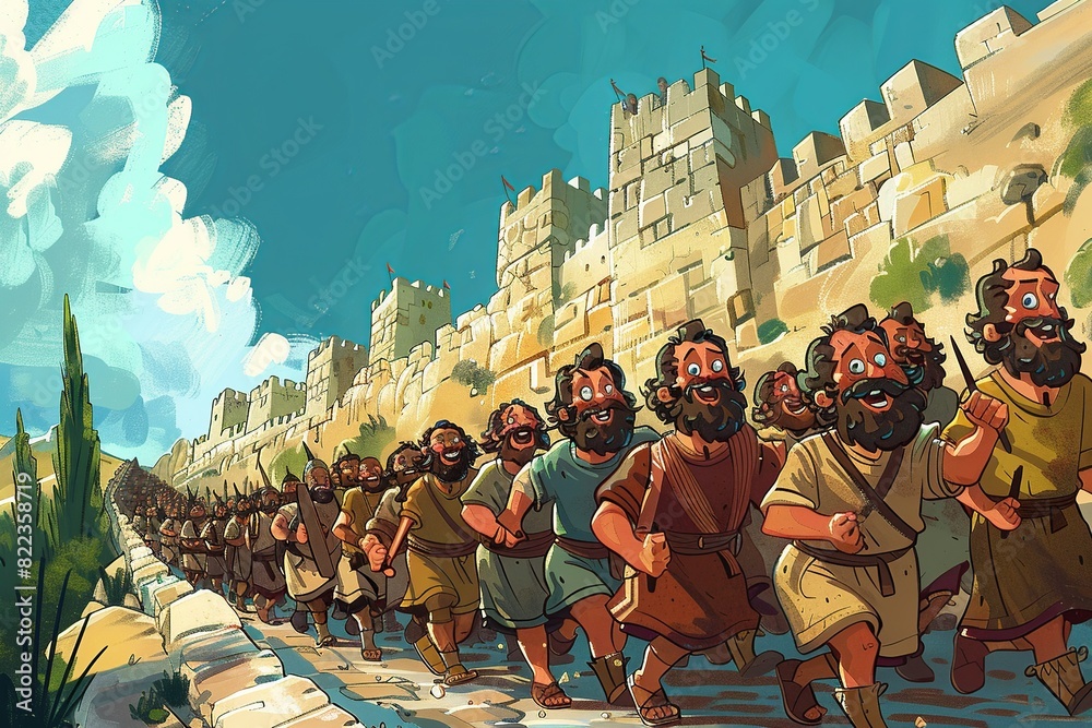 Step into a playful cartoon scene capturing Joshua and the Israelites ...