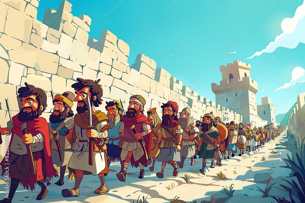 Step into a playful cartoon scene capturing Joshua and the Israelites ...