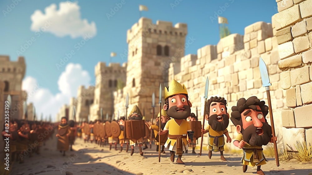 Step into a playful cartoon scene capturing Joshua and the Israelites ...
