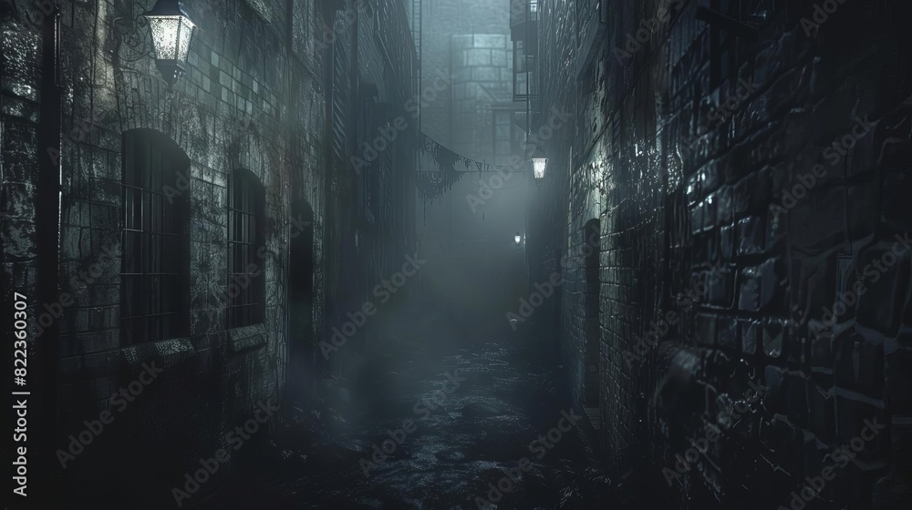 eerie deserted alleyway in misty night dimly lit by flickering streetlamps creating unsettling ...