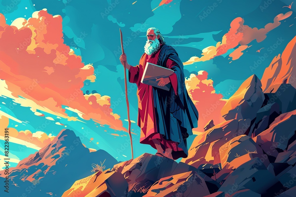 Witness a vibrant cartoon representation as Moses descends from Mount ...