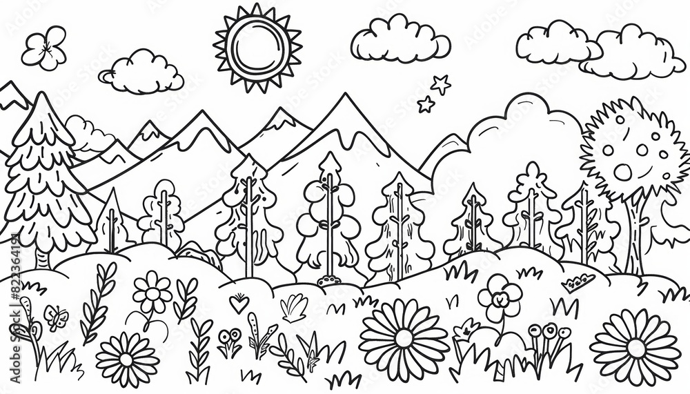Simple line drawing of nature for coloring: sun, clouds, flowers, trees ...