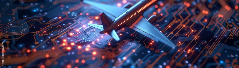 Illustration of an electric jet plane symbol overlaid on an electronic ...