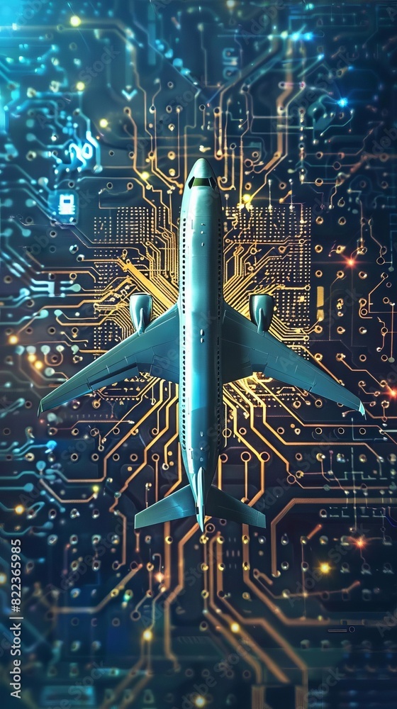 Illustration of an electric jet plane symbol overlaid on an electronic ...