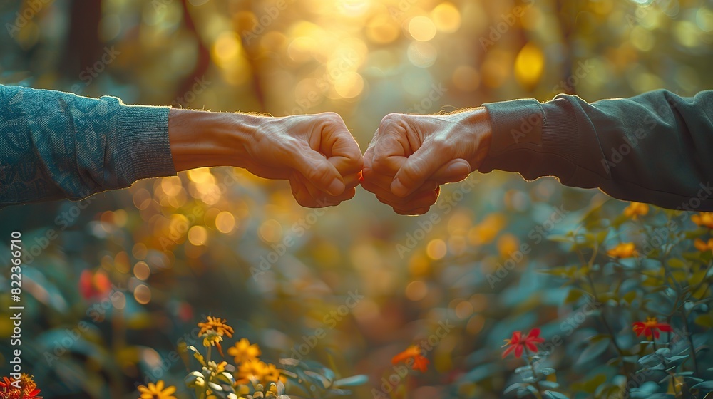 hands fist bump and men in a park with support solidarity and ...