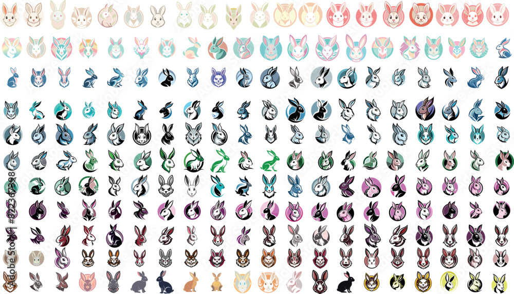 Vector cute bunny logos collection. Smiley, serious rabbits stickers ...