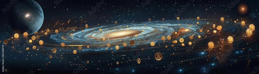 A galaxy map with gold coins marking important locations, side view ...