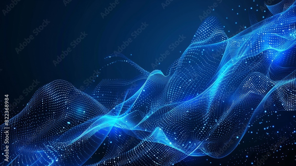 Abstract blue tech background with digital waves, dynamic network system, artificial neural ...