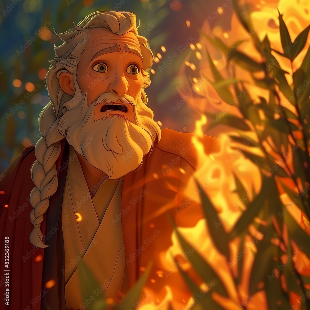 Immerse yourself in a playful cartoon scene as Moses tentatively ...