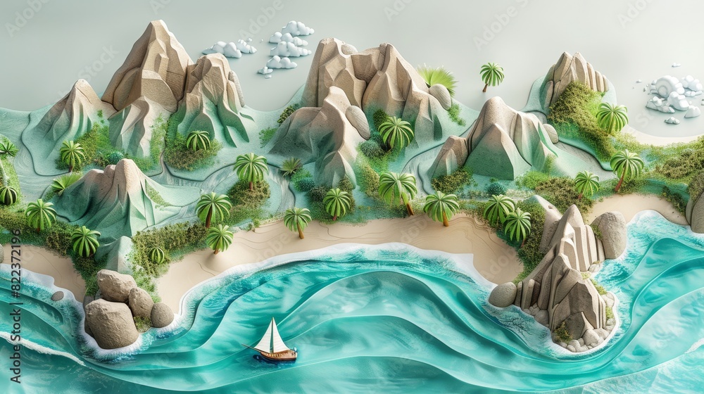 Archipelago flat design side view group of islands theme 3D render ...