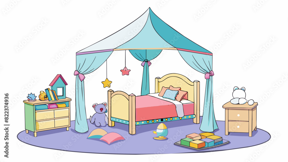 A childs bedroom A sweet canopy bed sits in the center of the room ...