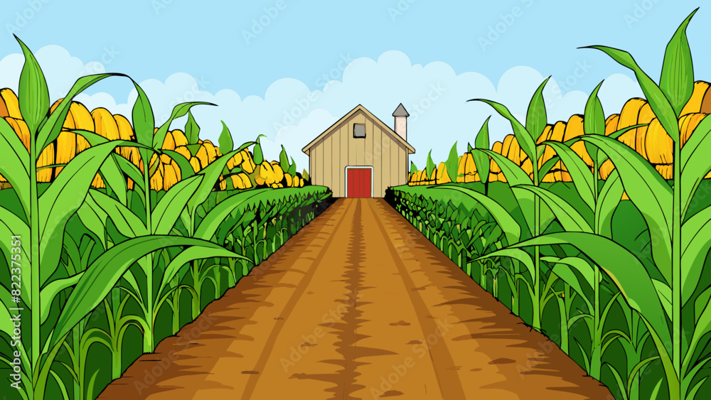 A field of neatly planted corn its tall stalks standing in uniform rows ...