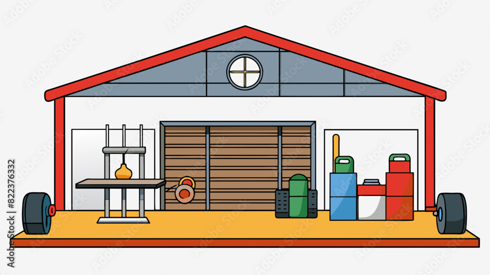An organized garage with designated areas for different activities. One ...