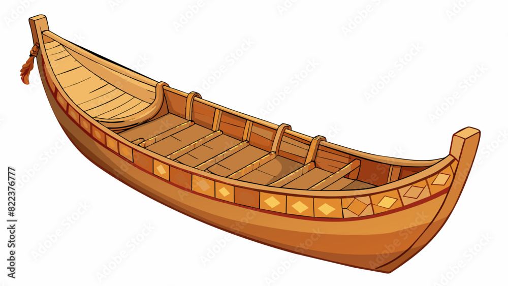 A rustic homemade wooden boat with a flat rectangular body and a narrow ...