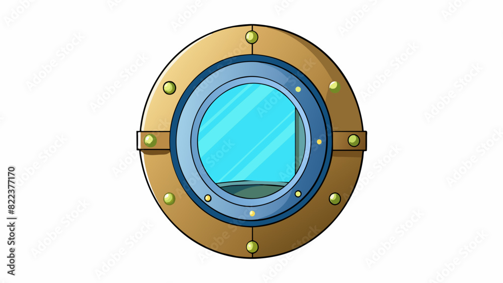 A small round porthole window on a ships cabin door. Its brass frame is ...