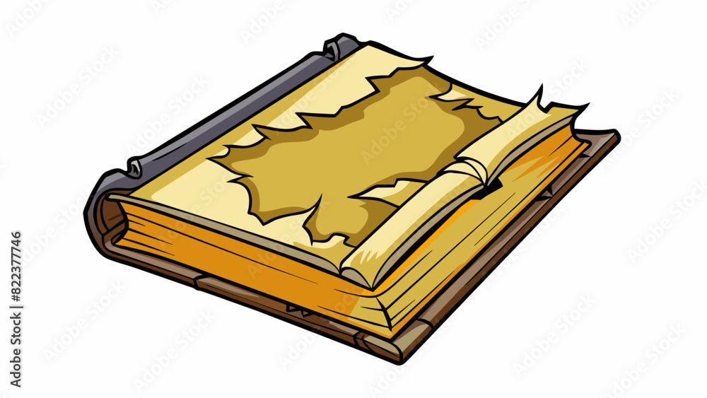 A torn book page The edges are ragged and frayed with a large rip in ...