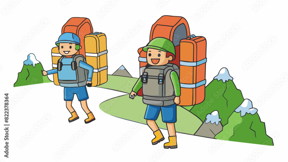 Hikers trekking up a mountain trail each with a large backpack sped ...