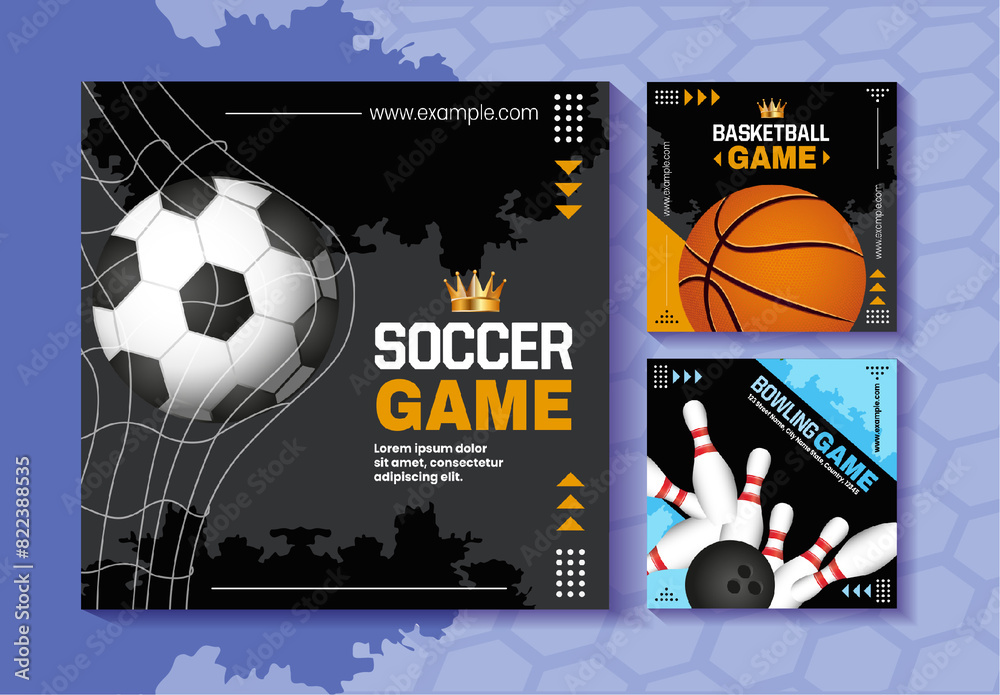 Modern Sports Event Flyer Set for Basketball, Soccer, and Bowling Stock ...