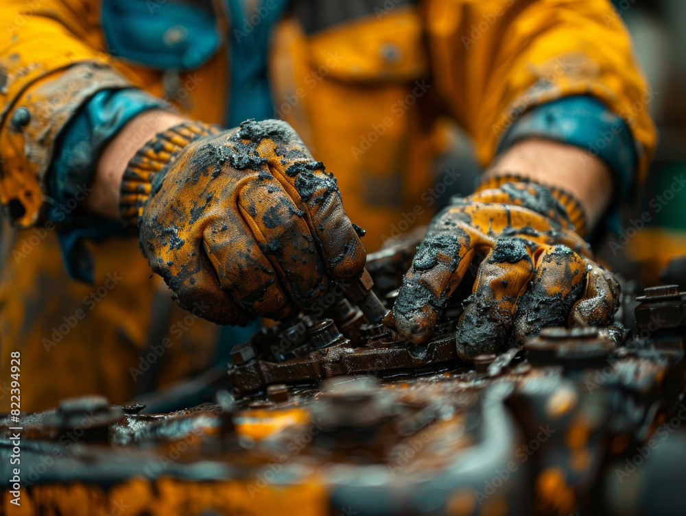 gloved hands of an unrecognizable mechanic fixing a car engine Stock ...