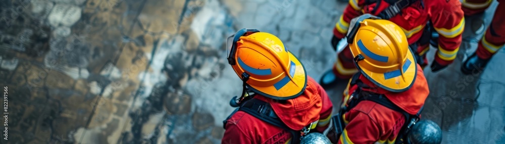 A fire management team leading a community fire drill, top view ...