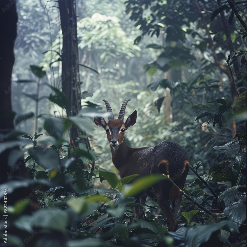 A saola standing at the edge of a dense rainforest in Vietnam, its ...